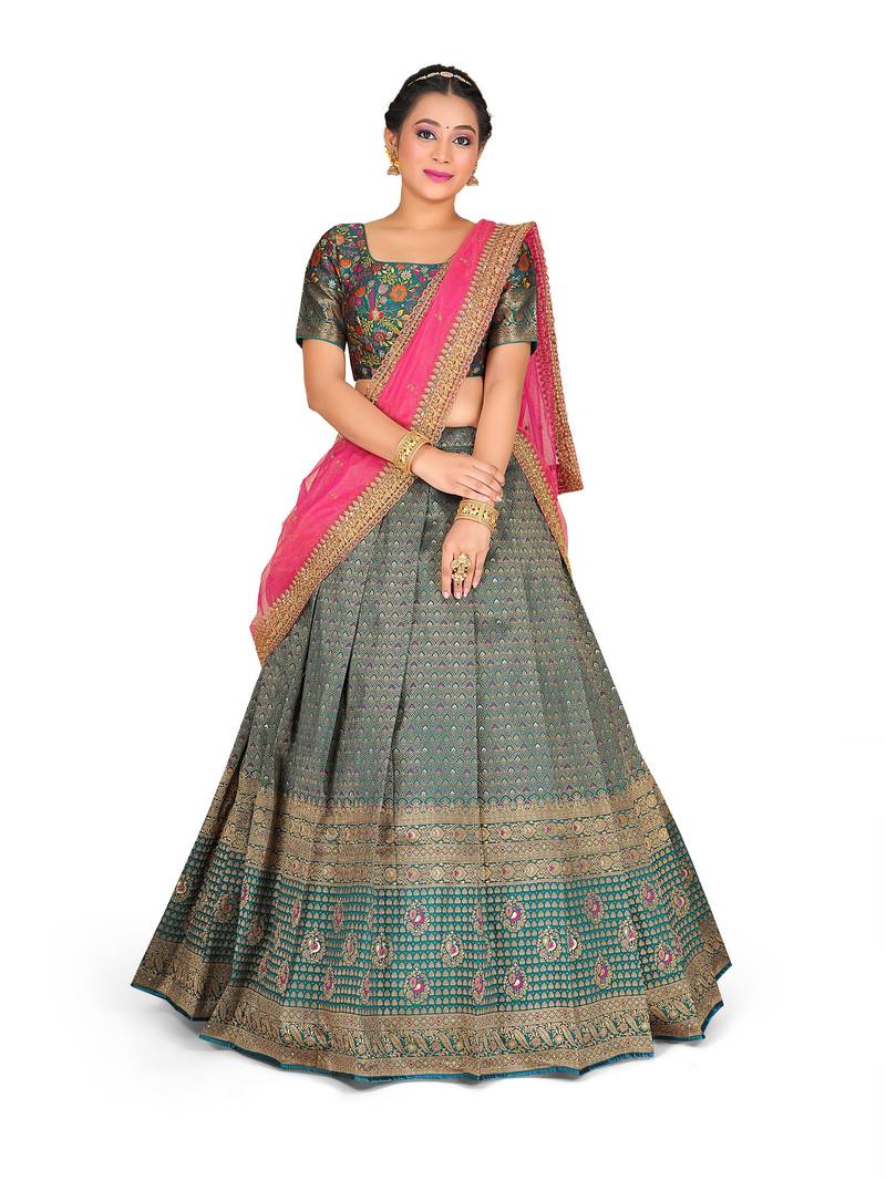 Rama and Rani Colour banarasi silk Lehenga with unstitched blouse and ...