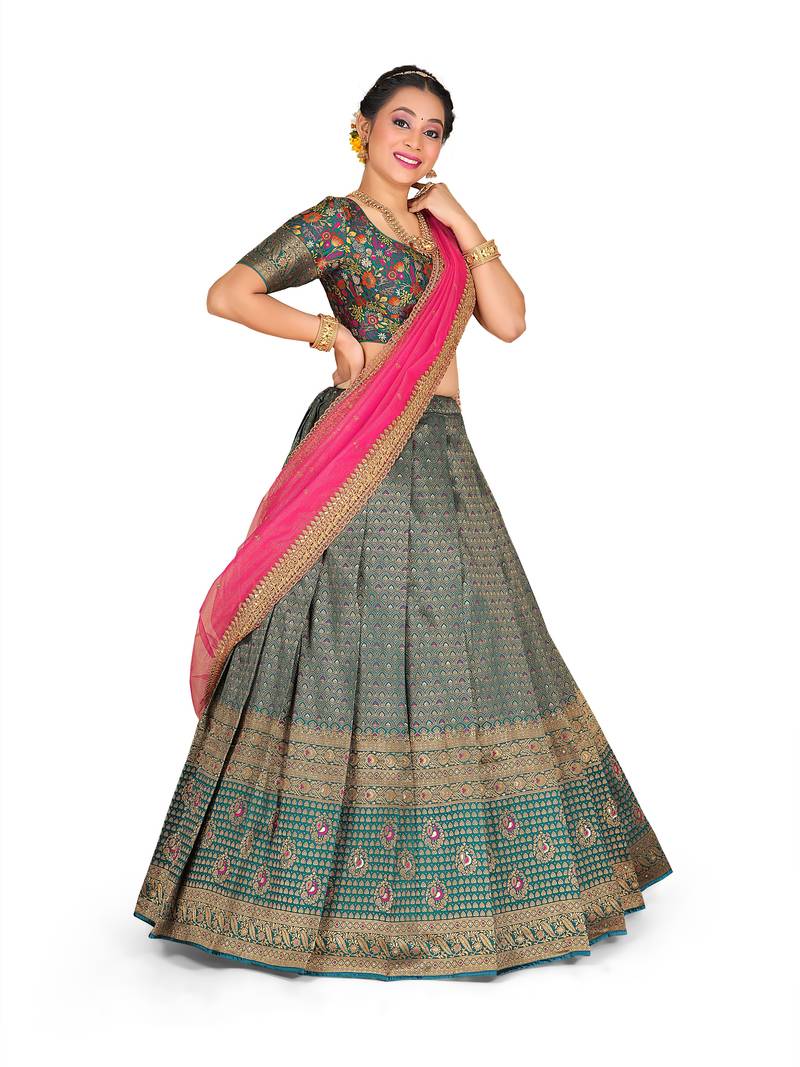 Rama and Rani Colour banarasi silk Lehenga with unstitched blouse and ...