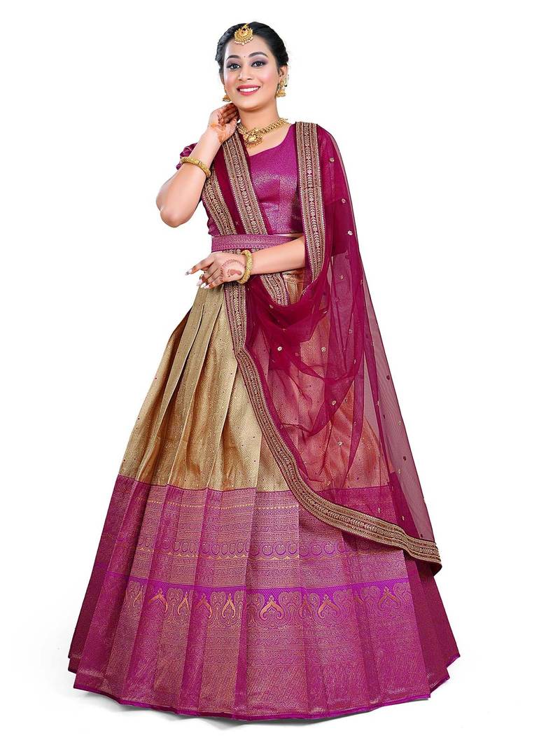 Latest Trendy Rani Colour Half Saree With Unstitched Blouse And Dupatta ...