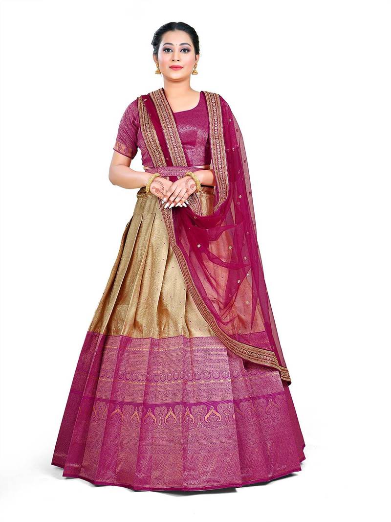 Latest Trendy Rani Colour Half Saree With Unstitched Blouse And Dupatta ...