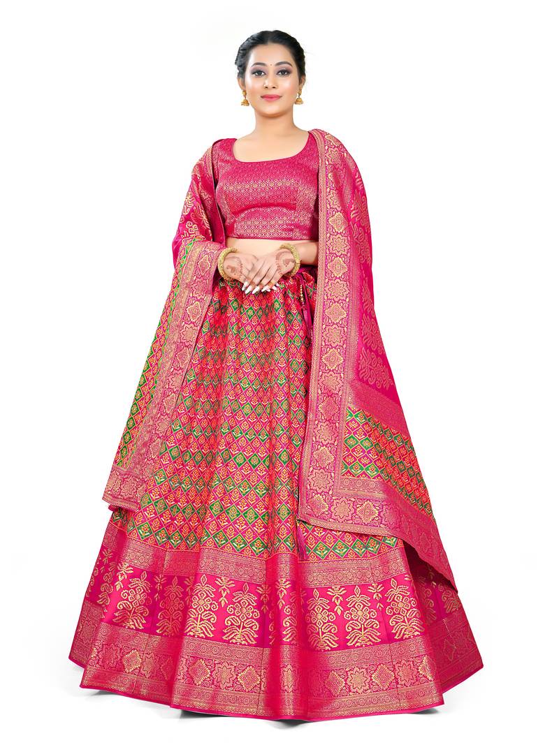 Traditional Banarasi silk Patola design Rani colour lehenga with ...