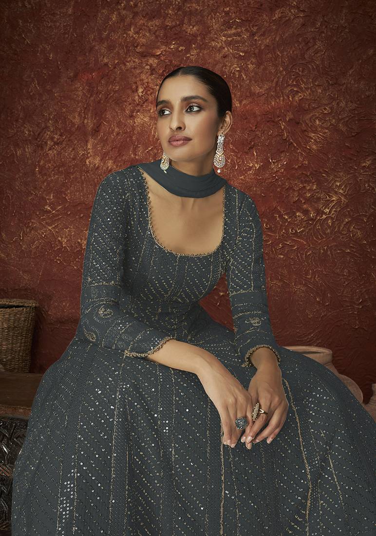 Grey Sequence Work Anarkali Salwar Kameez - Hirpara House - 4109041