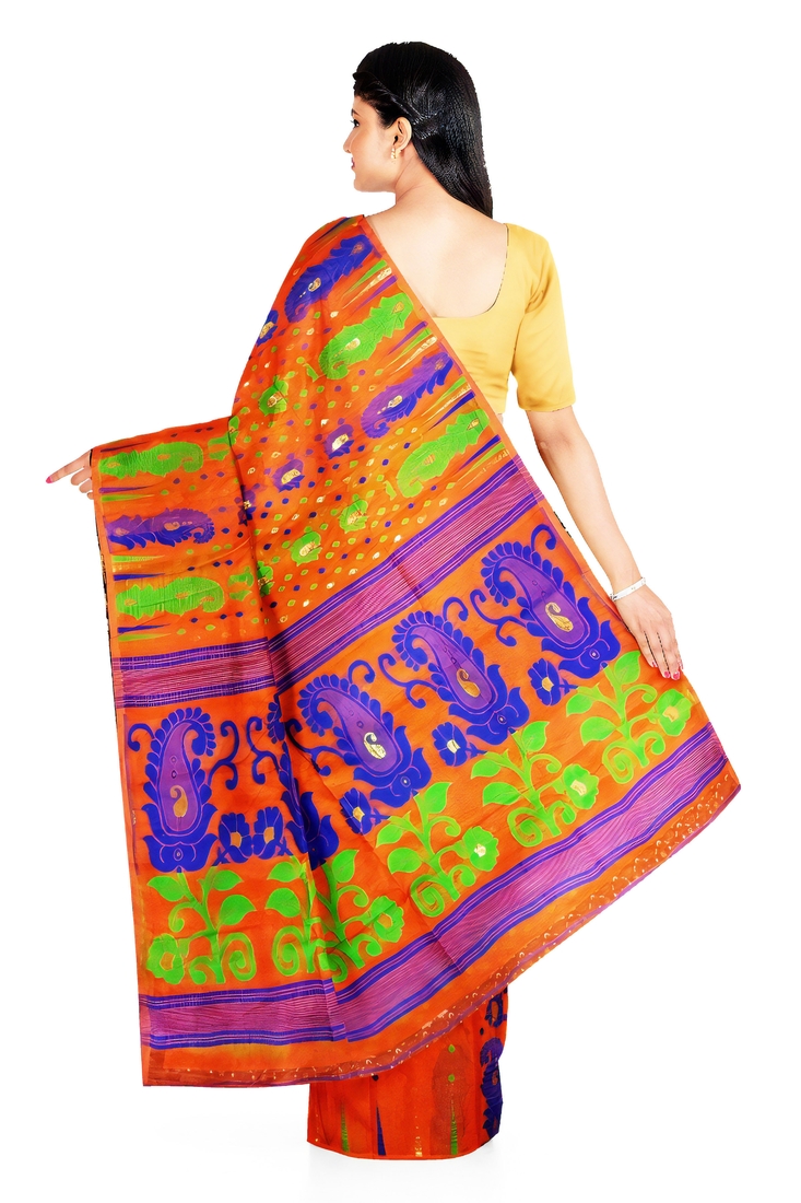 Trenddist Mini Gap Work Jamdani Saree (Orange Red) - Trenddist - 4111027