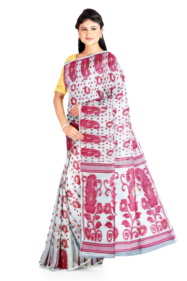 Trenddist Mini Gap Work Jamdani Saree (White) - Trenddist - 4111031