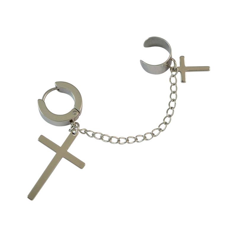 Cross Single Chain Ear Cuff for Men - Silver - SARAH - 616987