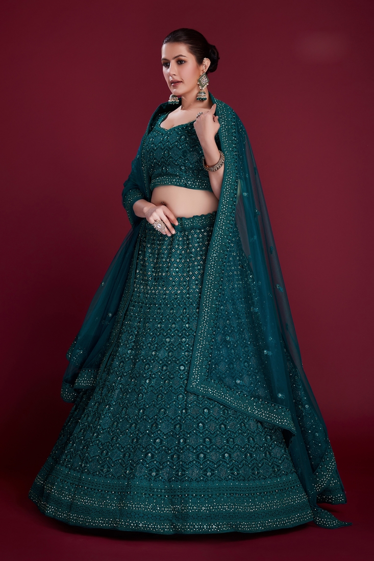 Turquoise embroidered georgette semi stitched lehenga - MESMORE - 4110586