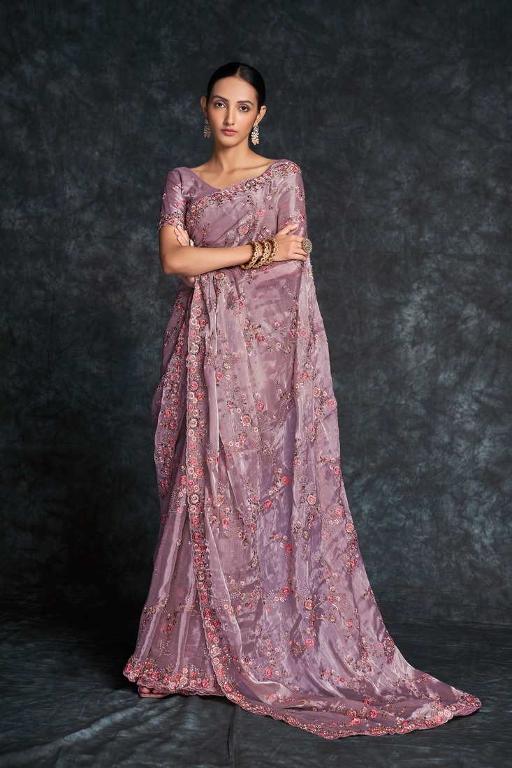Lilac embroidered organza saree with blouse - Fusionic - 4114020