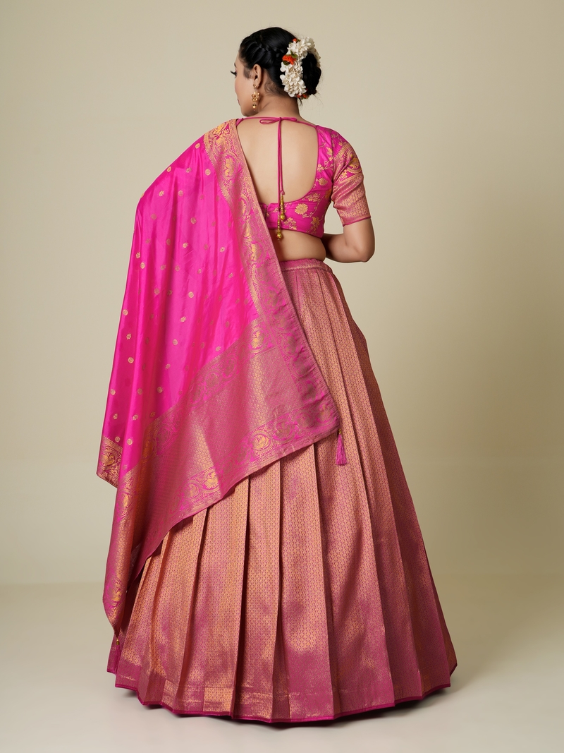 Pink Zari work Banarasi silk semi-stitched Half saree with unstitched Blouse and dupatta ...