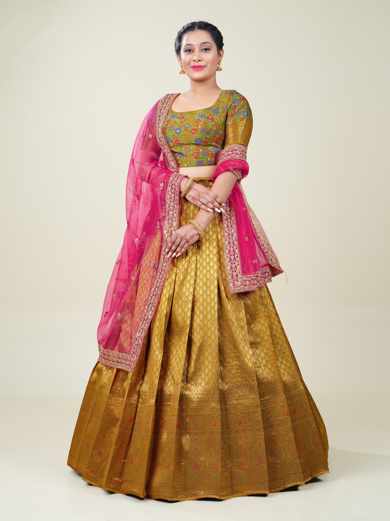 Elegant Pleating style Musterd & Rani Banarasi silk semi-stitched Half saree with unstitched ...