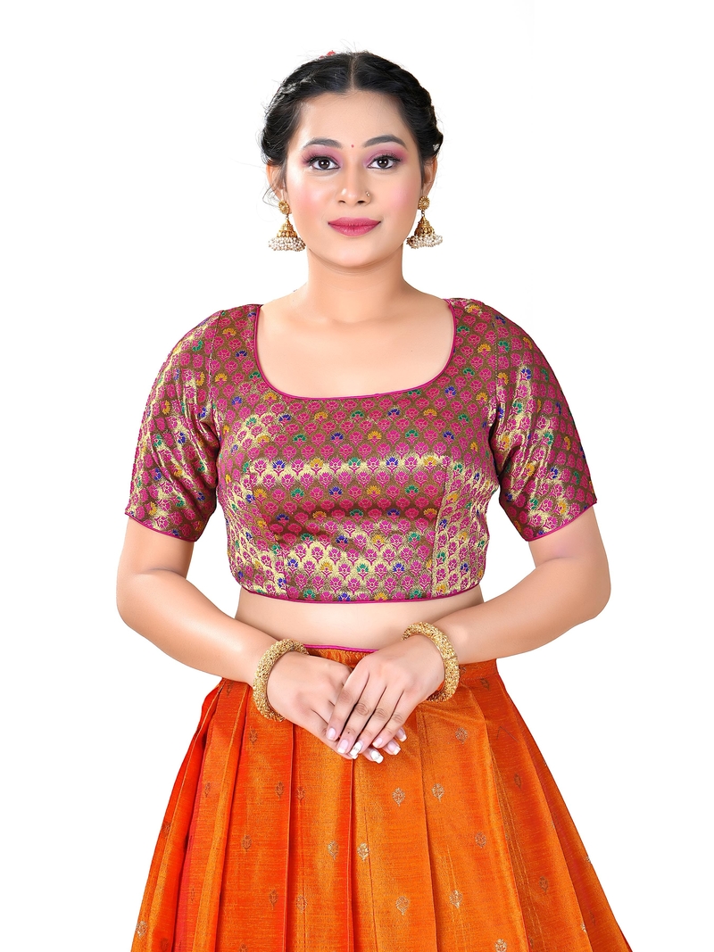 Orange And Rani Colour Pure Banarasi Silk Zari Work Half Saree With ...