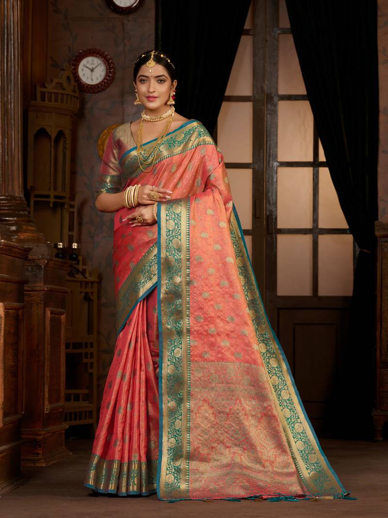 Coral woven art silk saree with blouse - MIMOSA - 4115173