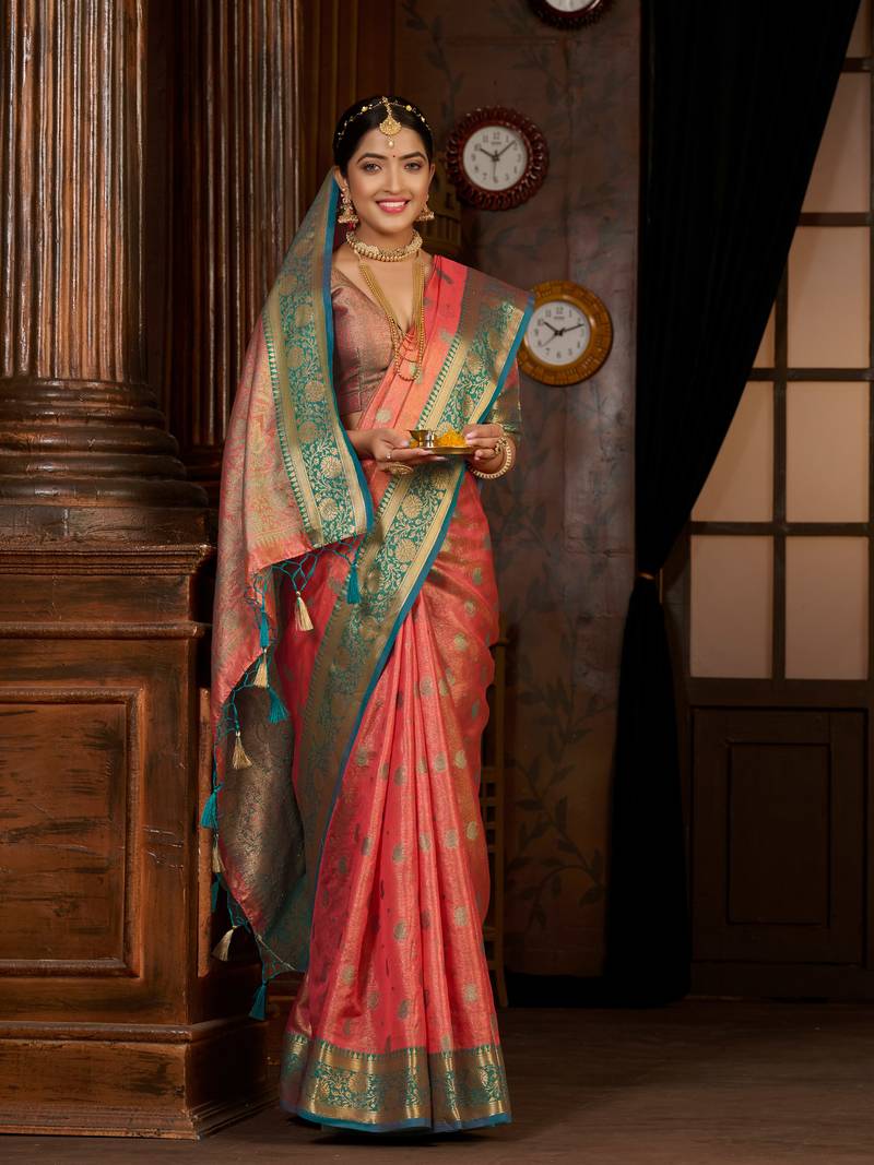 Coral woven art silk saree with blouse - MIMOSA - 4115173