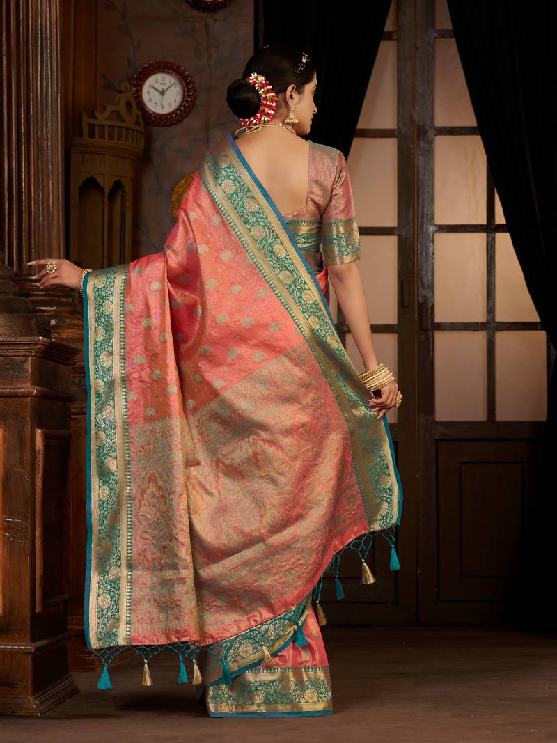 Coral woven art silk saree with blouse - MIMOSA - 4115173
