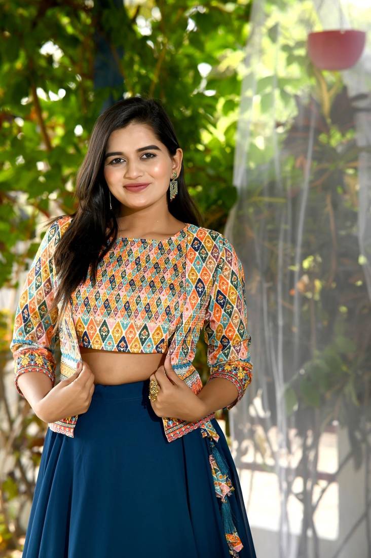 Blue Faux Georgette Sequins Lehenga With Koti Blouse - PrazuFashion ...