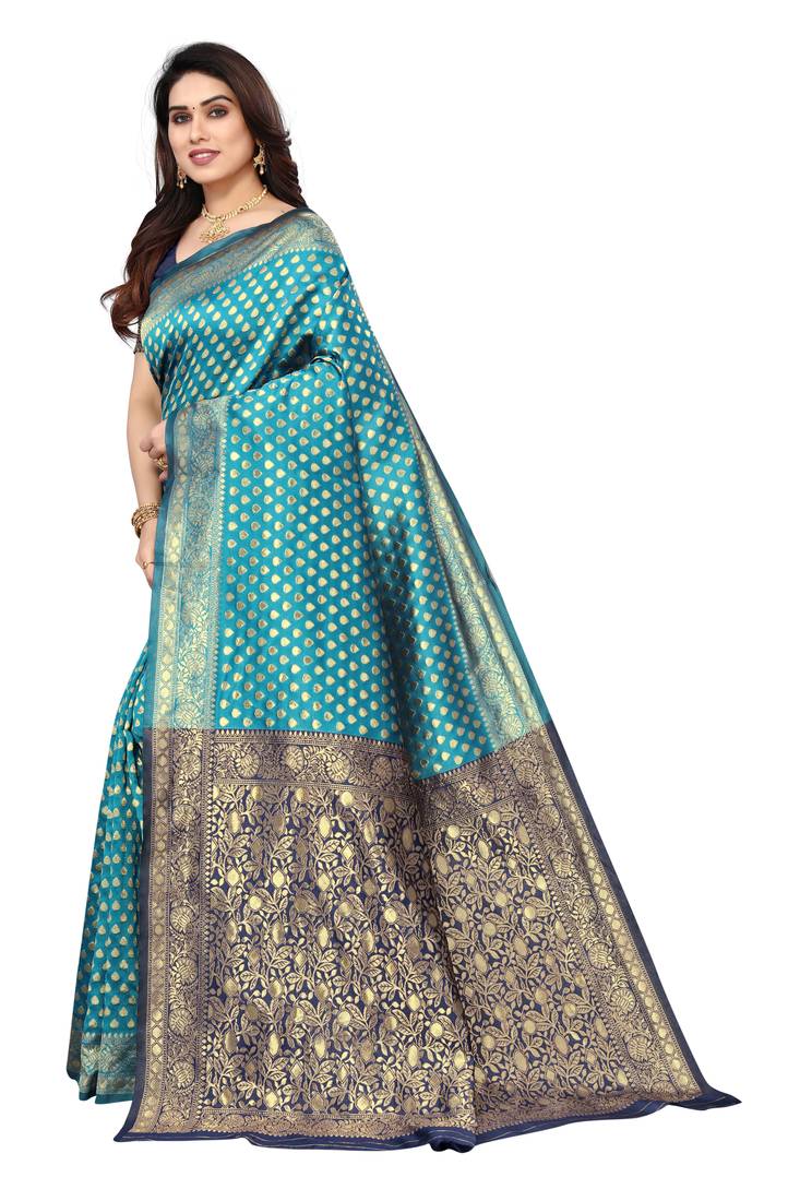 Firozi Jacquard Woven Lichi Silk Festival Saree With Unstitched Blouse ...