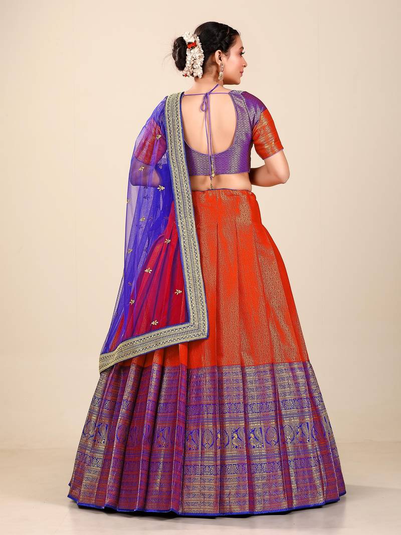 Elegant Pleating style Red & R blue Banarasi silk semi-stitched Half saree with unstitched ...