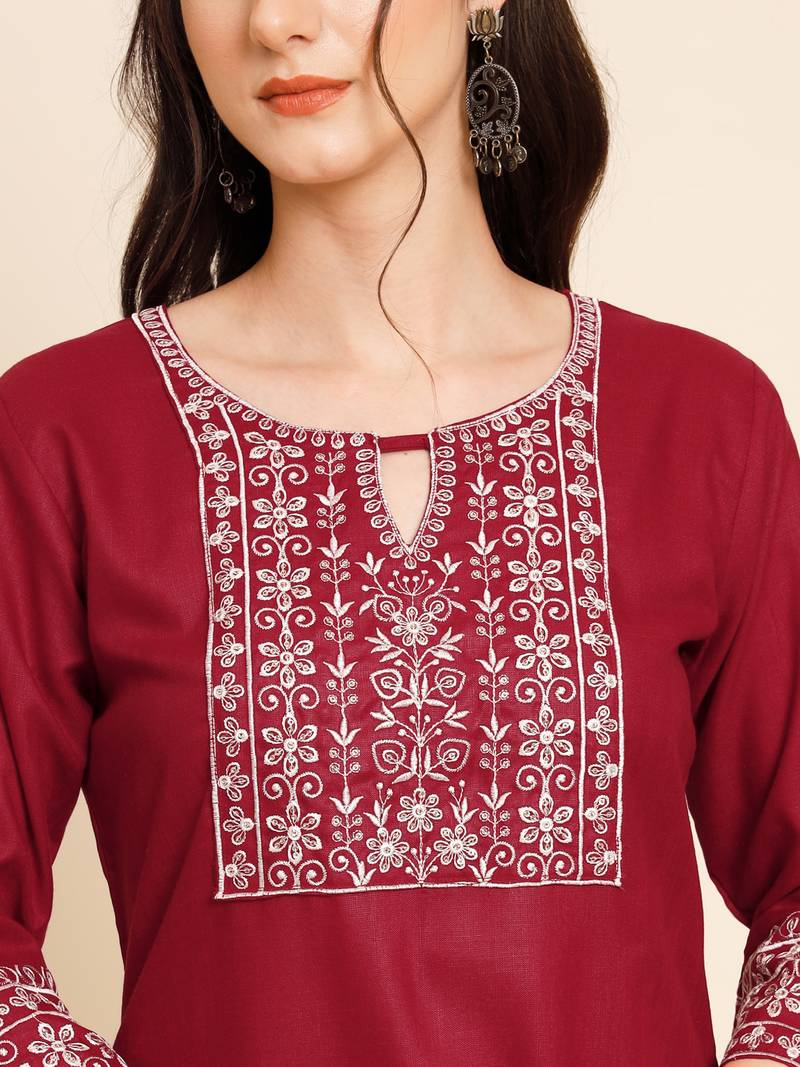 Maroon Colour Cotton Kurti With Smart Thread Work Embroidery Work - KSM ...