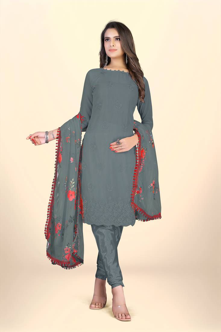 Thread Embroidery Work And Smart Printed Grey Colour Georgette Casual ...