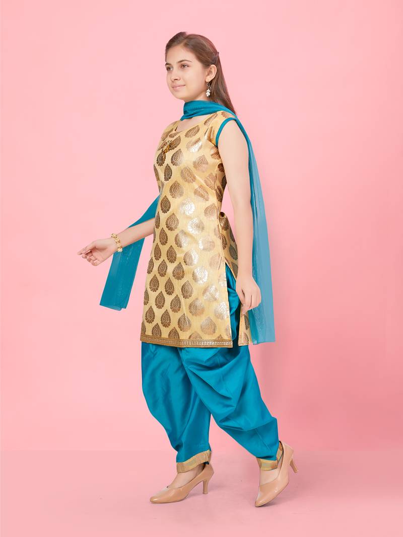 Gold embroidered silk girls-top-bottom - Aarika - 4119302