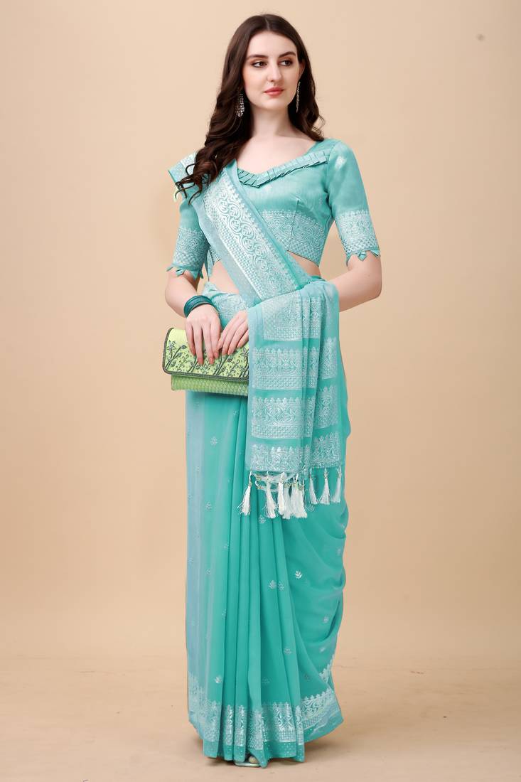 CYAN SILK BEAUTIFUL SAREE - Mr & Mrs Creation - 4120026