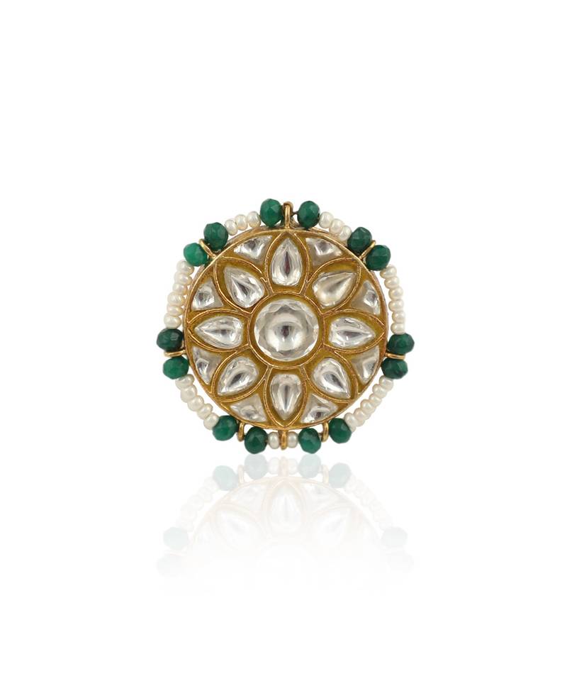 Floral Jadau Ring In Gold Plating - RIANA JEWELLERY - 4121016