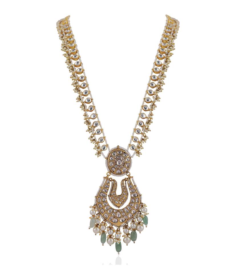 Single Line Long Necklace Set With White Jadtar Pendant And Earrings ...