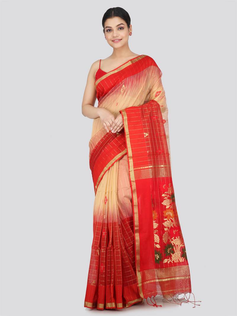 PinkLoom Women's Beige Hand_Woven Cotton-Silk-Sarees With Unstitched Blouse Piece - PinkLoom ...