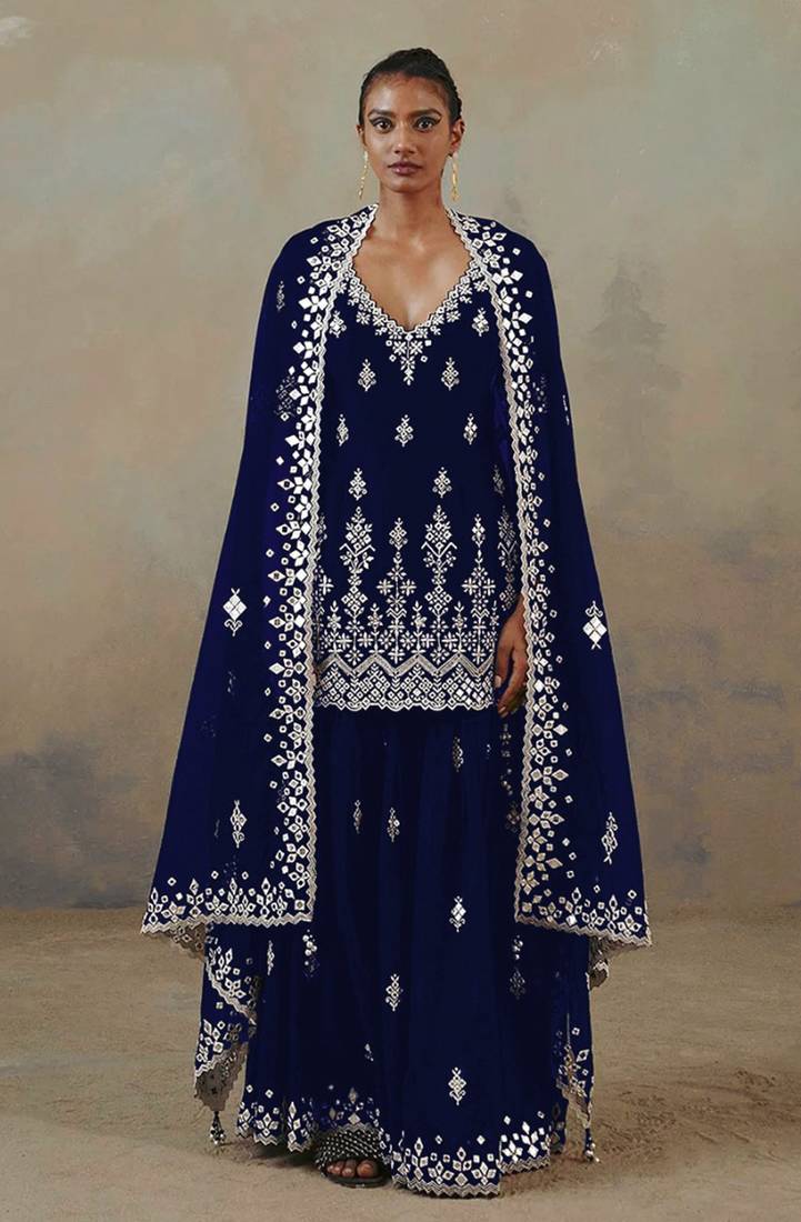 Georgette Royal Blue Palazzo Salwar Kameez - Hirpara House - 4125718
