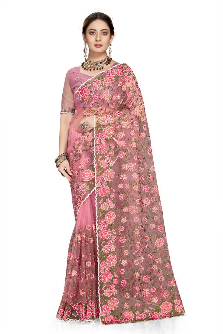 Pink embroidered net saree with blouse - KAD CREATIONS - 4125917