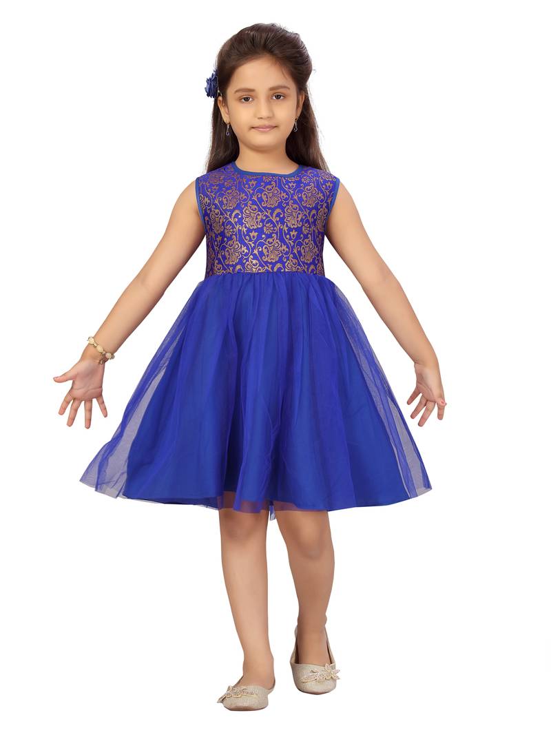 Blue plain brocade kids-frocks - Aarika - 4127808