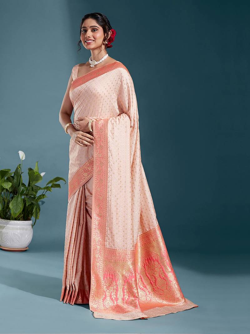 Peach & Gold Satin Paisley Zari with Beautiful Ethnic Motifs Banarasi ...