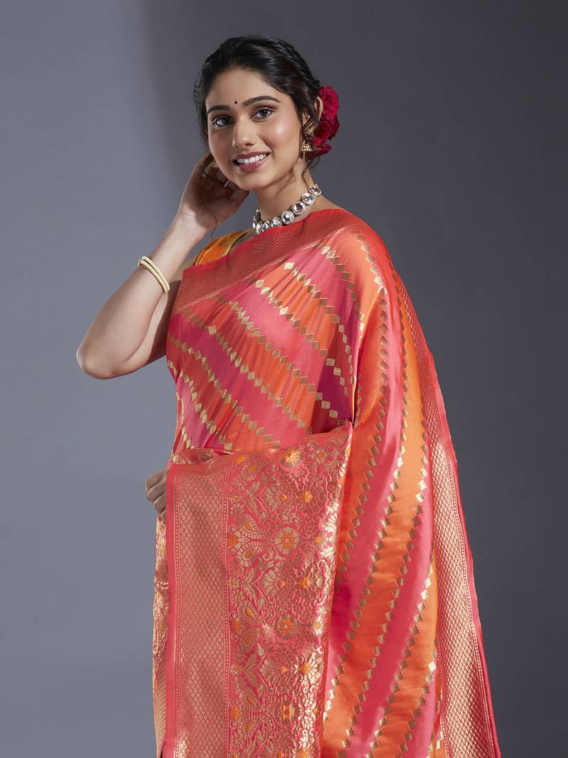 Orange Colour Ethnic Woven Designer Saree In Satin Silk Fabric - KSM ...