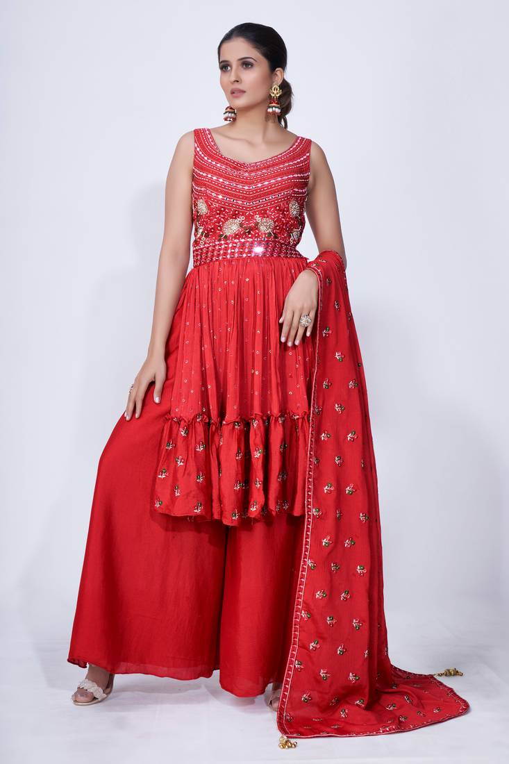 Red embroidered chiffon salwar - MESMORE - 4129986
