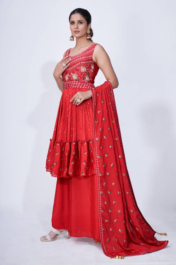 Red embroidered chiffon salwar - MESMORE - 4129986