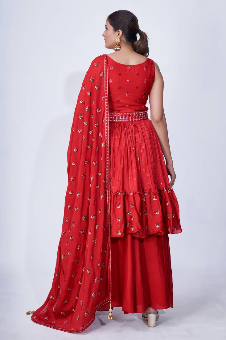 Red embroidered chiffon salwar - MESMORE - 4129986