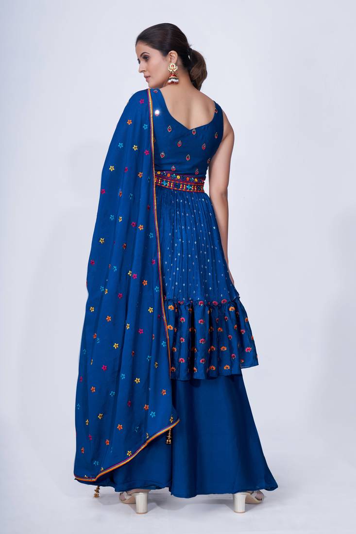 Navy blue embroidered chiffon salwar - MESMORE - 4130149