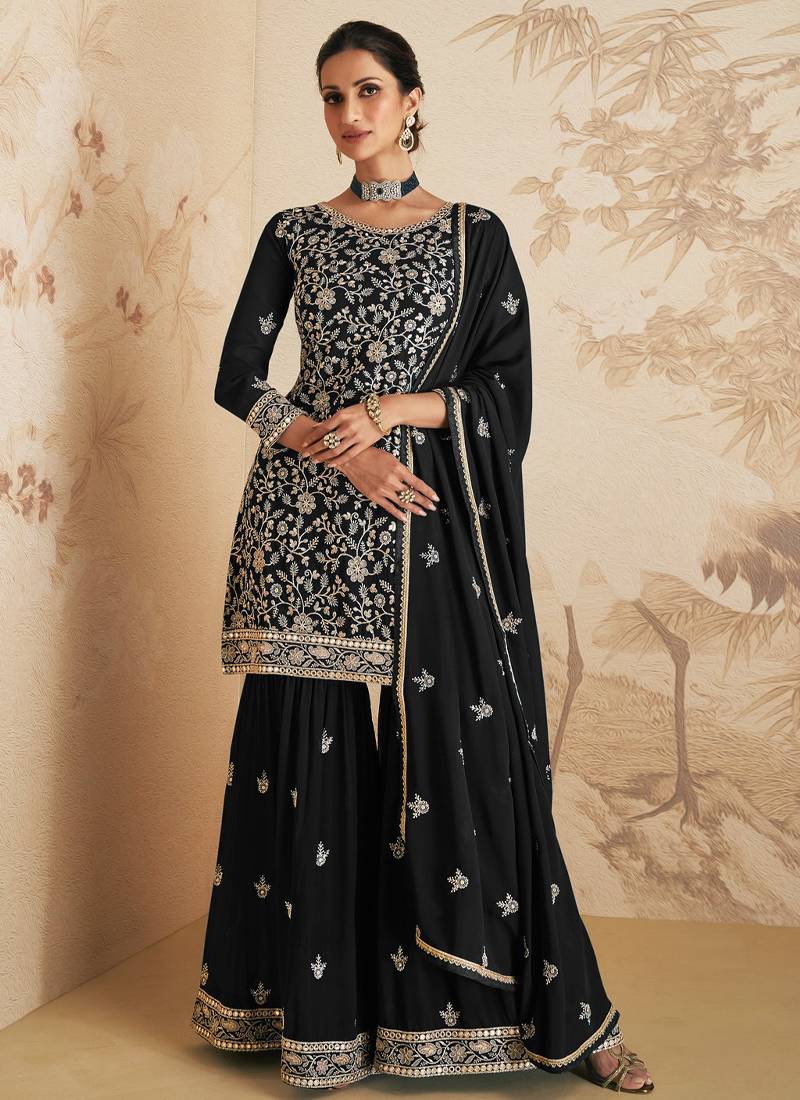 Black Party Wear Georgette Sharara Suit - KREATAGHNA COLLECTION - 4130380