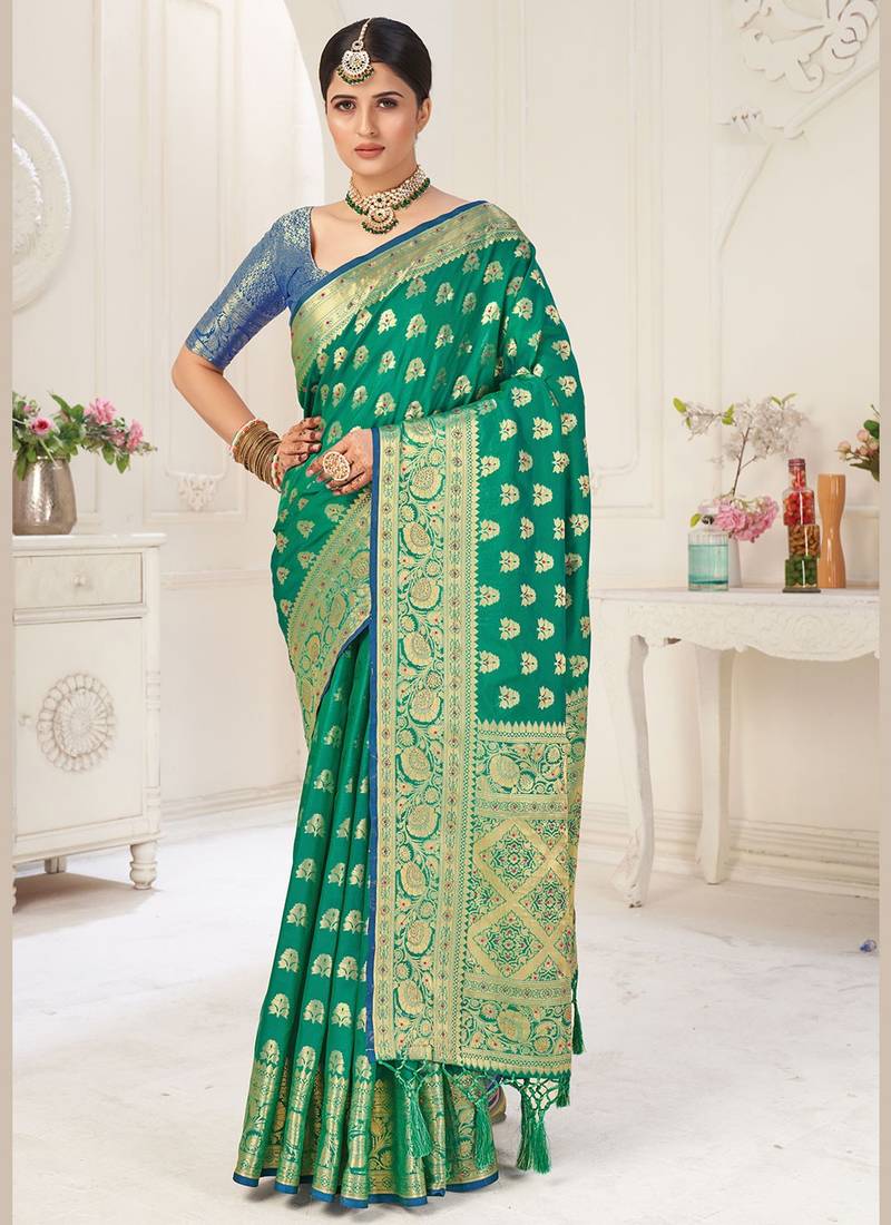 Rama Colour Wevon Designer Saree With Swarovski Work For Girlish Looks ...
