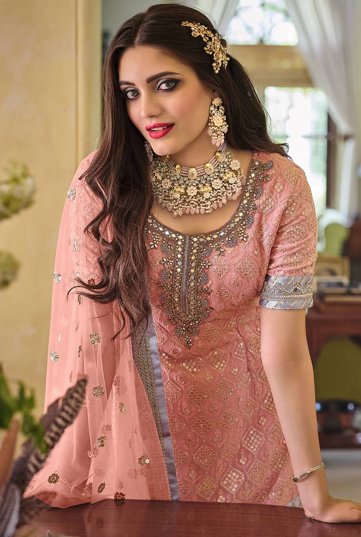 Georgette Designer Salwar Kameez in Peach - Hirpara House - 4132118