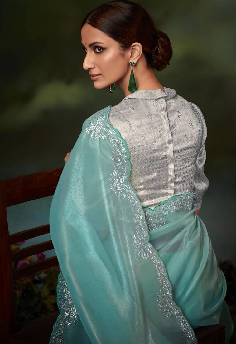 Turquoise plain organza saree with blouse - Lilots - 4134228