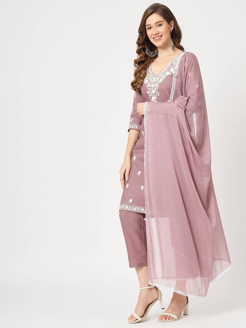 Lavender embroidered cotton salwar - Pannkh - 4134393