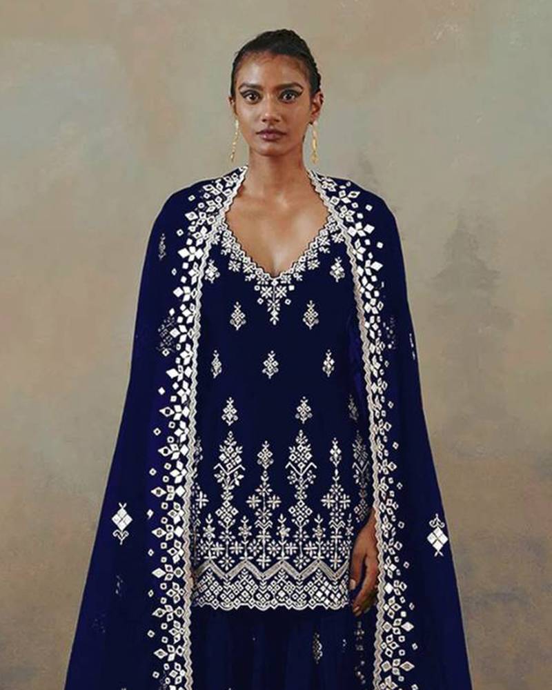 Georgette Royal Blue Palazzo Salwar Kameez - Hirpara House - 4125718