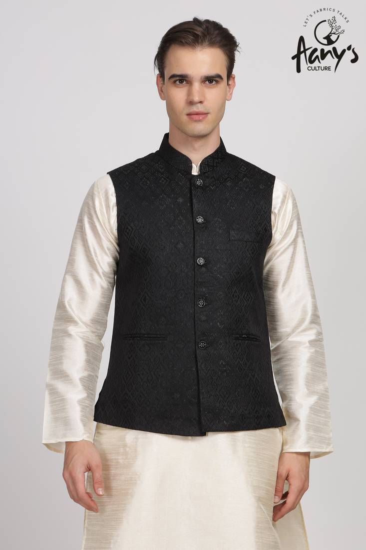 Anny's Culture Black Floral Pattern Polyester Wedding Nehru Jacket ...