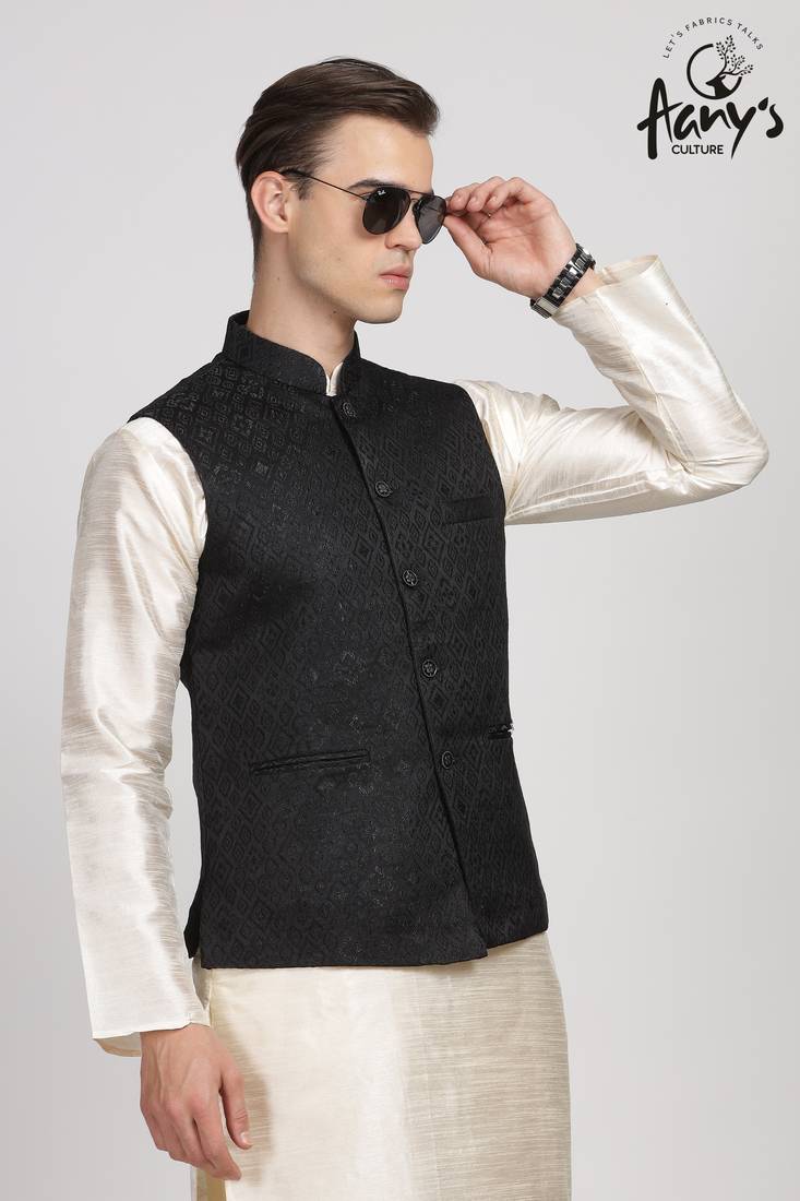 Anny's Culture Black Floral Pattern Polyester Wedding Nehru Jacket ...