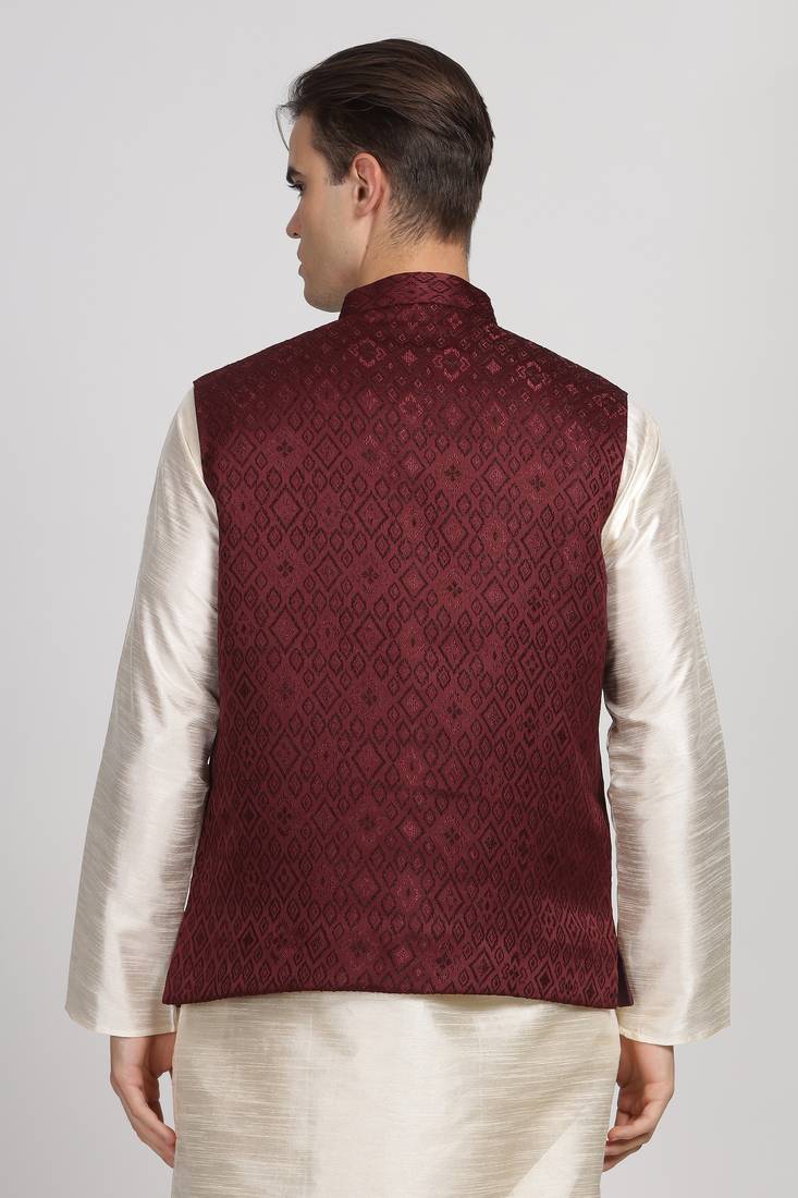 Anny's Culture Maroon Floral Pattern Polyester Wedding Nehru Jacket ...