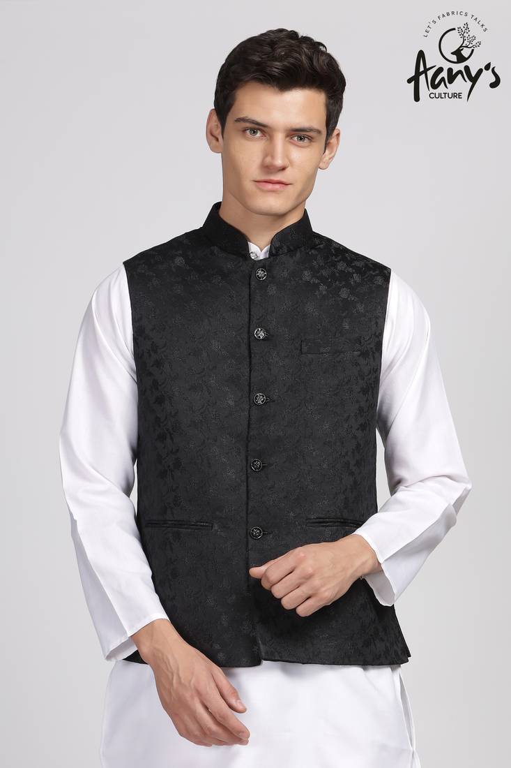 Anny's Culture Black Floral Pattern Polyester Wedding Nehru Jacket ...