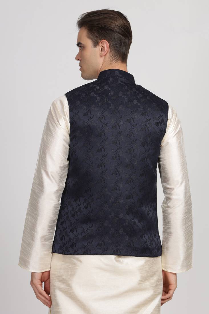 Anny's Culture Navy Blue Floral Pattern Polyester Wedding Nehru Jacket ...