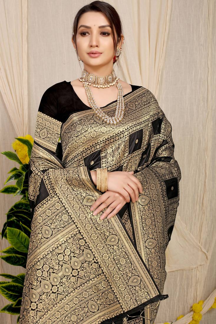 BLACK BEAUTIFUL SILK SAREE WITH BLACK BLOUSE - SHREE SAI TRADING - 4139443