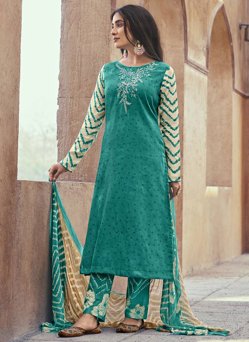 Rama Colour Cotton Satin Salwaar Kameez With Designer Print And ...