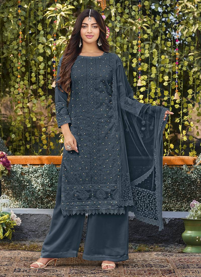 Blue Colour Embroidered Palazzo Dress For Ethnic Ceremonial Looks - KSM ...